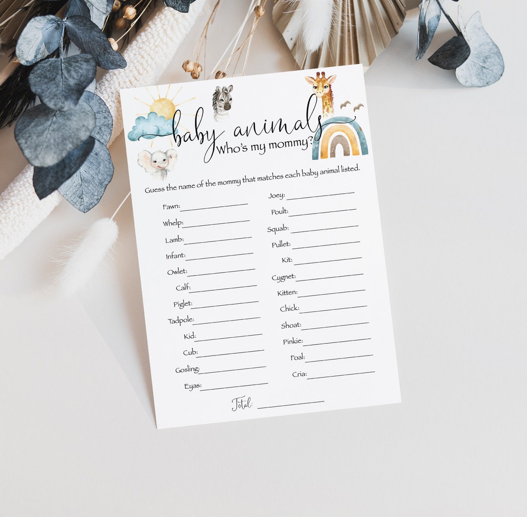 Baby Animal Game Printable Baby Shower Game Boho Sunshine and Rainbows ...