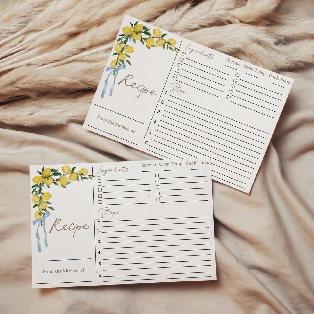 Lemon Recipe Card Template Lemon Bridal Shower Theme Kitchen Bridal ...