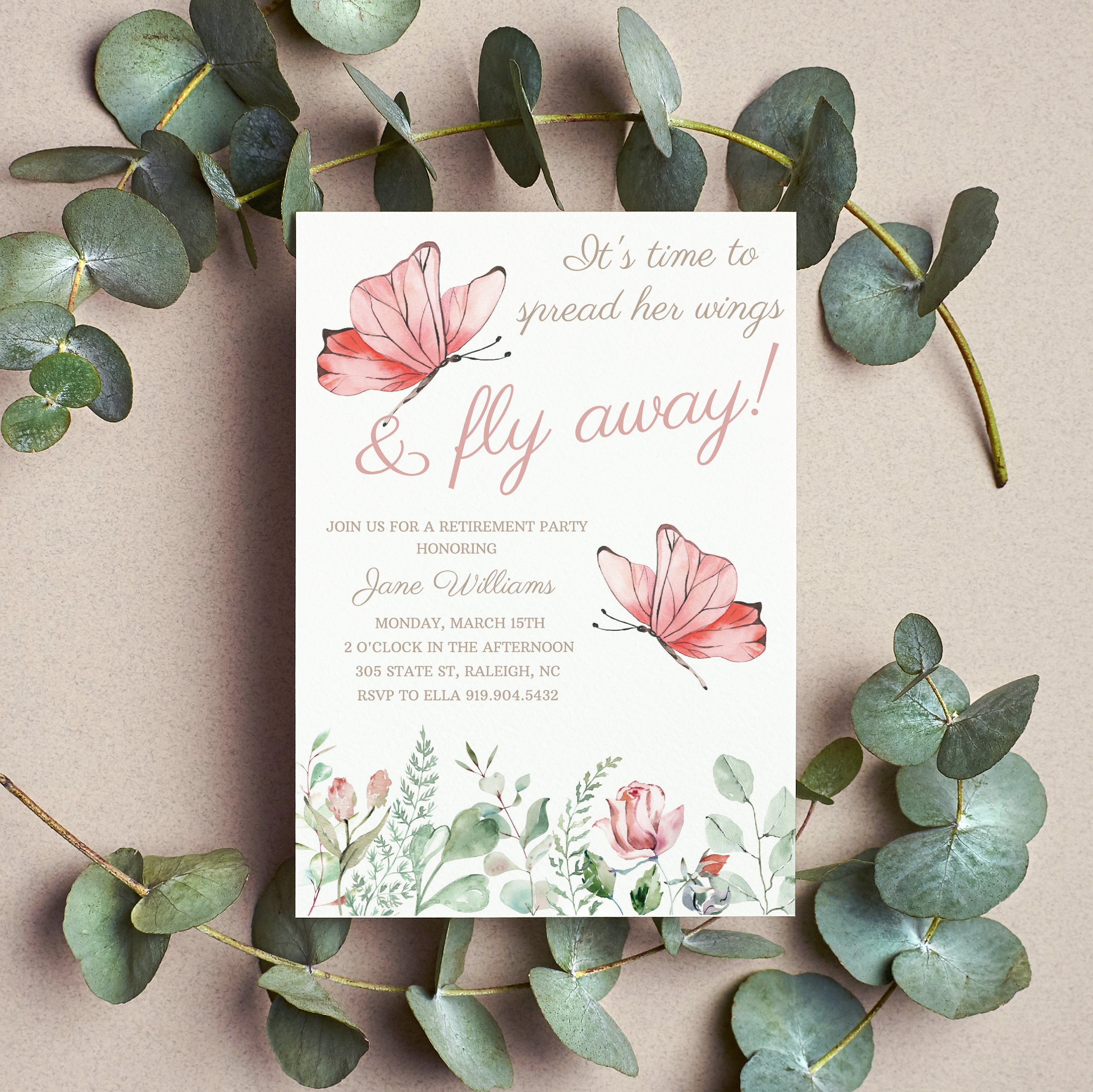 Butterfly Retirement Invitation, Floral Retirement Invite, Time to Spread Her Wings and Fly Away ...