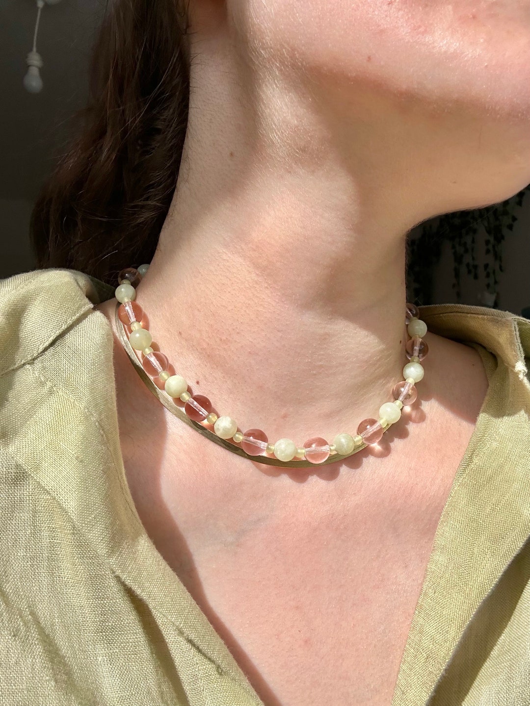 Pink Glass and Green Jade Choker Beachy Necklace Aesthetic - Etsy