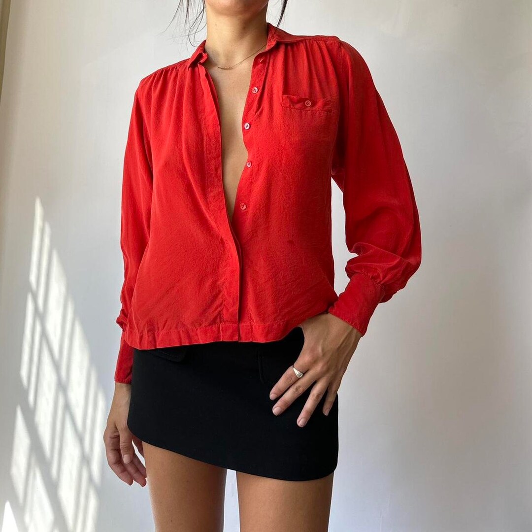 Vintage Red Silk Long Sleeve Button up Blouse - Etsy