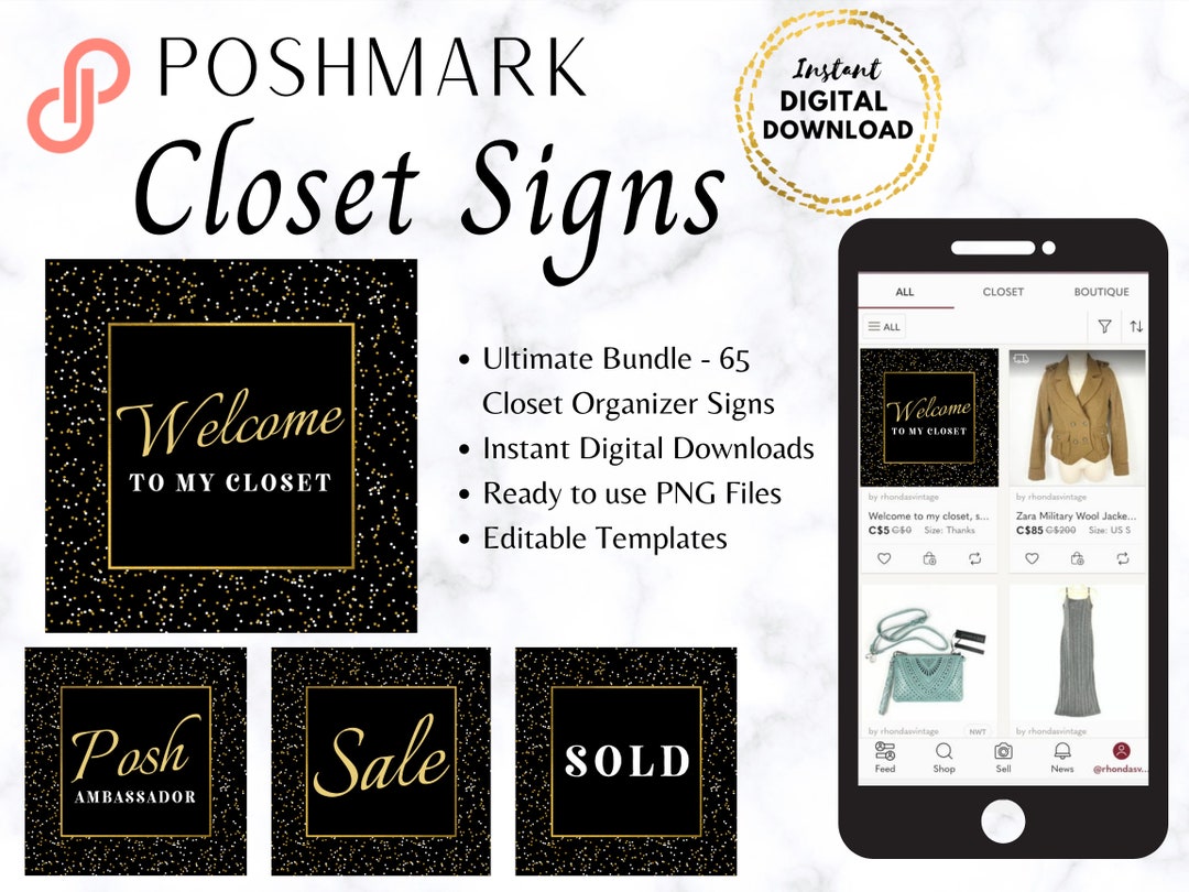 Poshmark Closet Signs: Black & Gold Confetti Organizers (digital ...