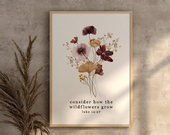 Luke 12:27 Bible Verse Print, Wild Flowers Line Art Print, Christian ...