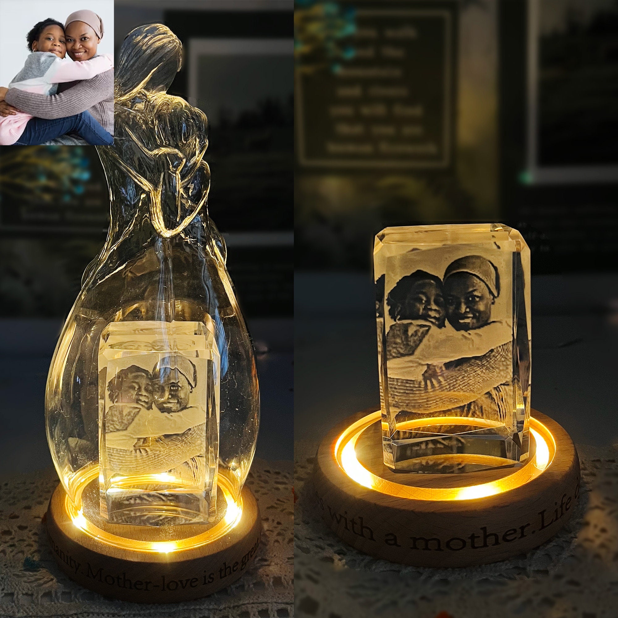 Personalized 3D Crystal Photo With Light Base, Mothers Day Gifts ...