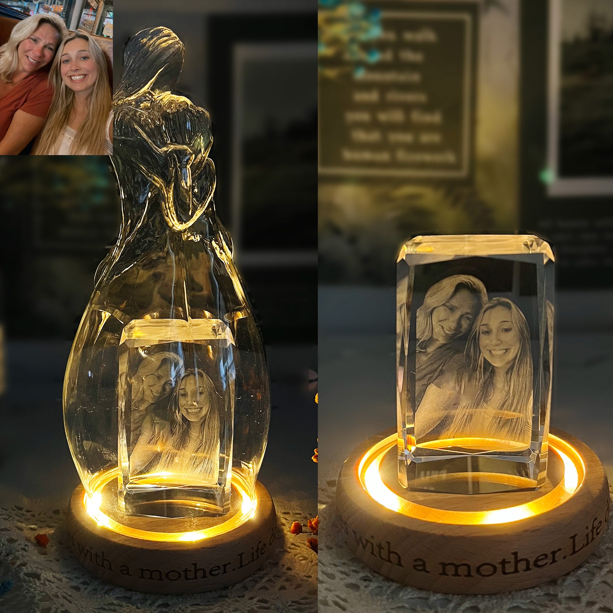 Personalized 3D Crystal Photo With Light Base, Mothers Day Gifts ...