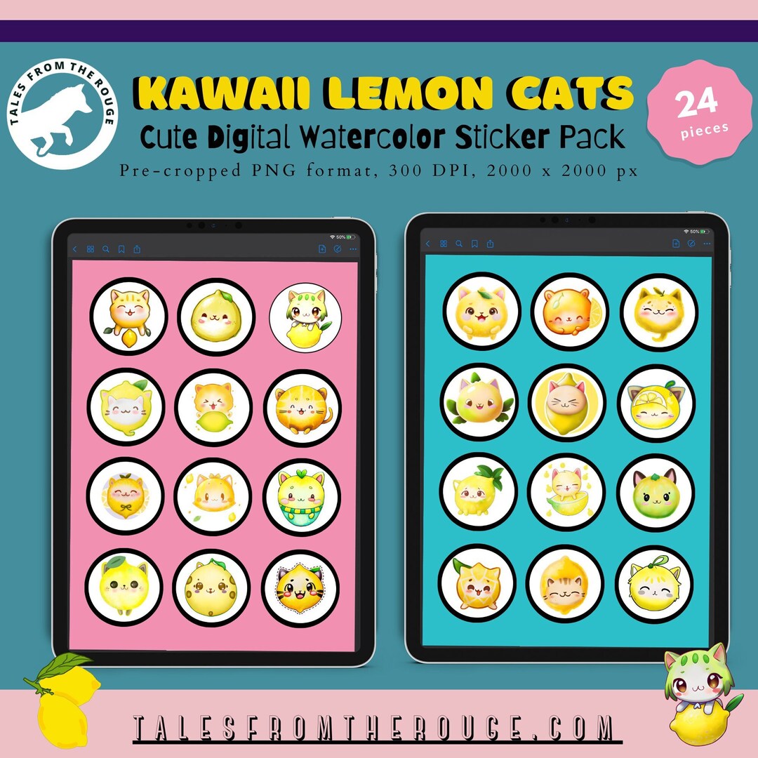 Kawaii Lemons and Cats Clipart, Cute Lemon and Kitten Stickers, Cat ...