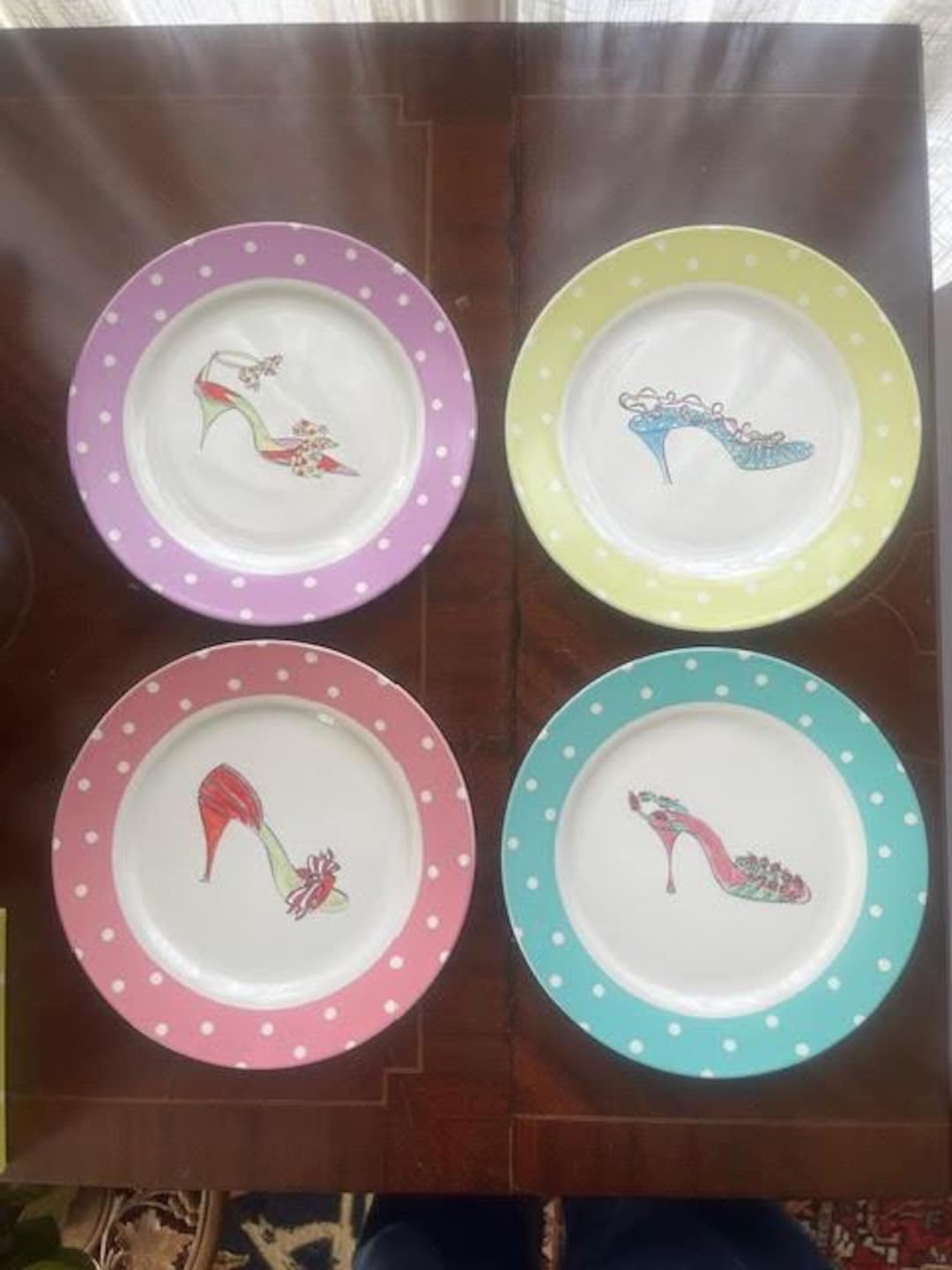 Set of Four Decorative High Heel Salad Plates and Four Espresso Cups ...