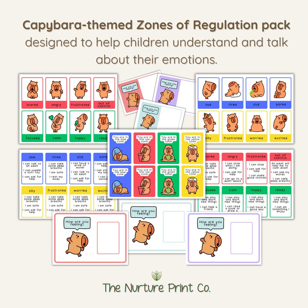 Capybara Zones of Regulation Printables | Emotional Feelings Cards ...