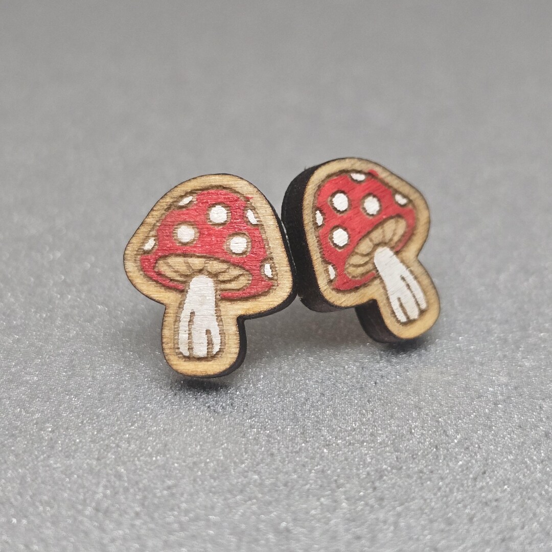 Handmade Mushroom Stud Earrings: Laser Cut Wood, 10mm - Etsy