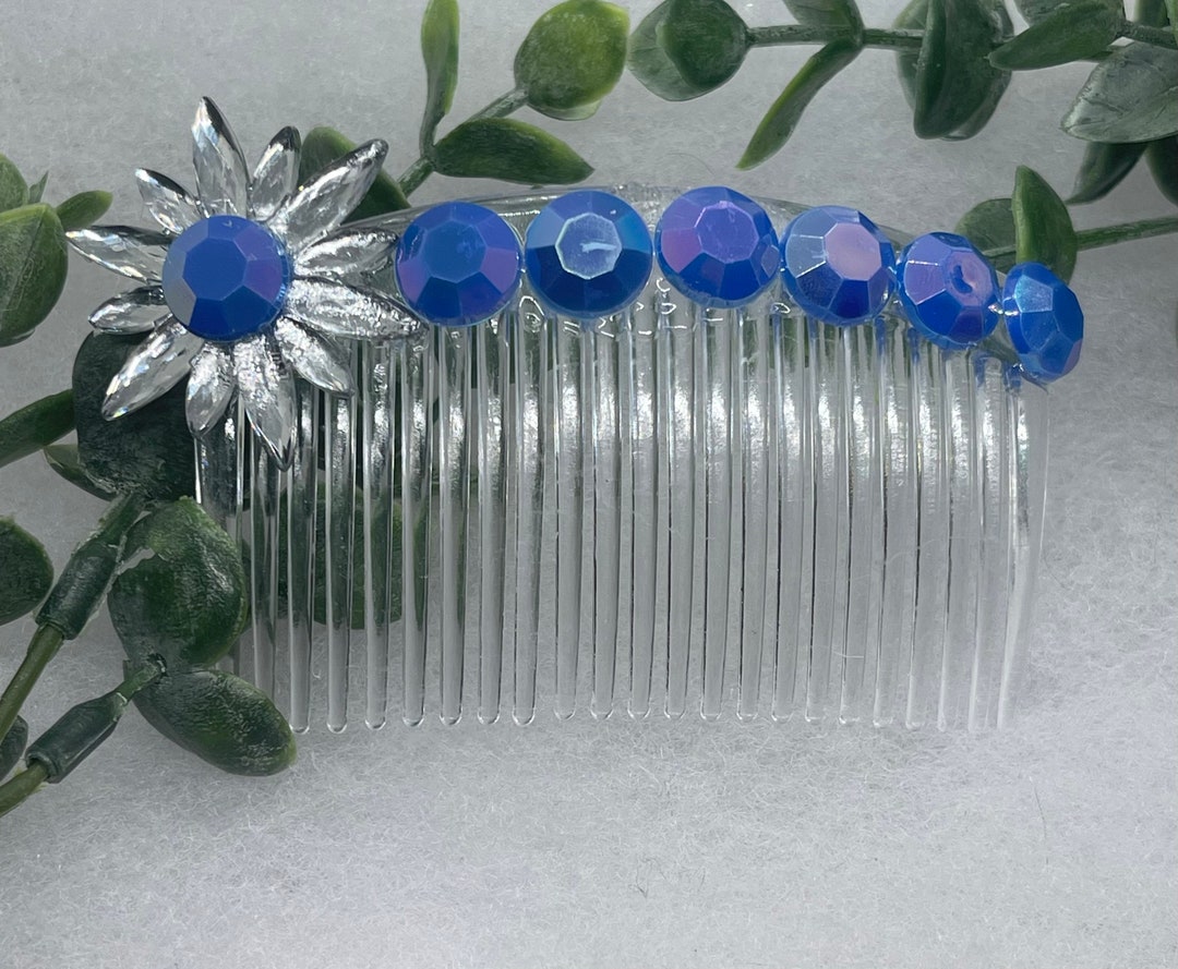 Blue Iridescent Faux Rhinestone Side Comb Style 3.5” Clear Plastic Side ...