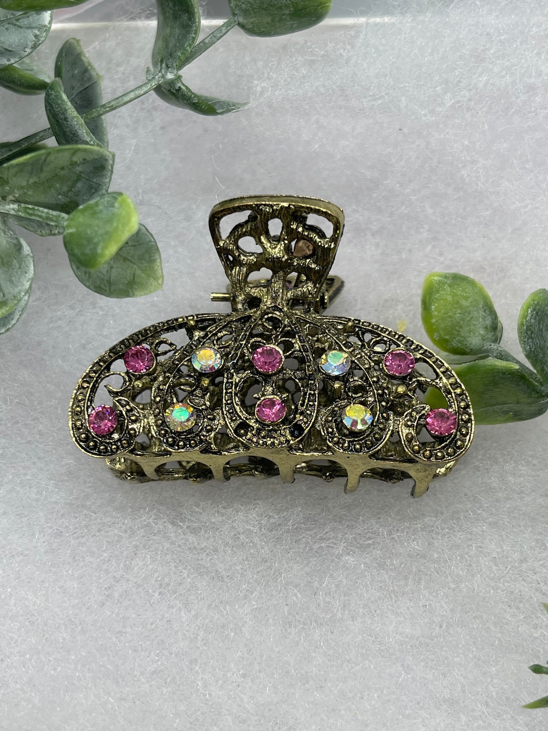 Pink Iridescent Crystal Rhinestone Antique Vintage Style Hair Claw Jaw ...