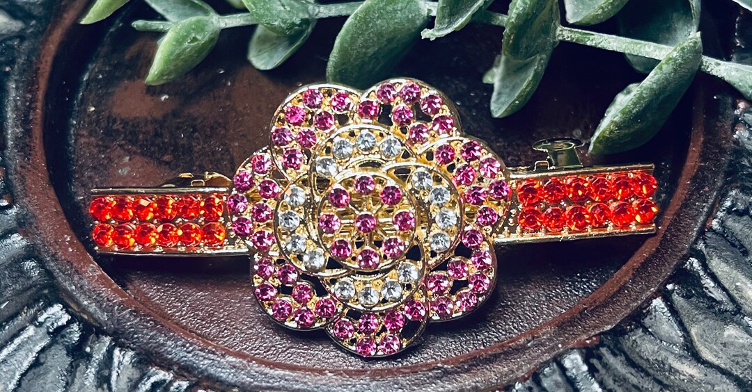 Red Pink Crystal Rhinestone Flower Barrette 3.0” Gold Tone Metal Bridal ...