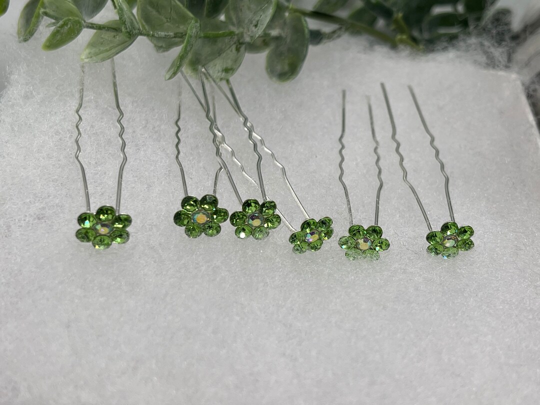 6 Pc Green Crystal Hair Pins Approximately 3.0”silver Tone Formal Hair ...