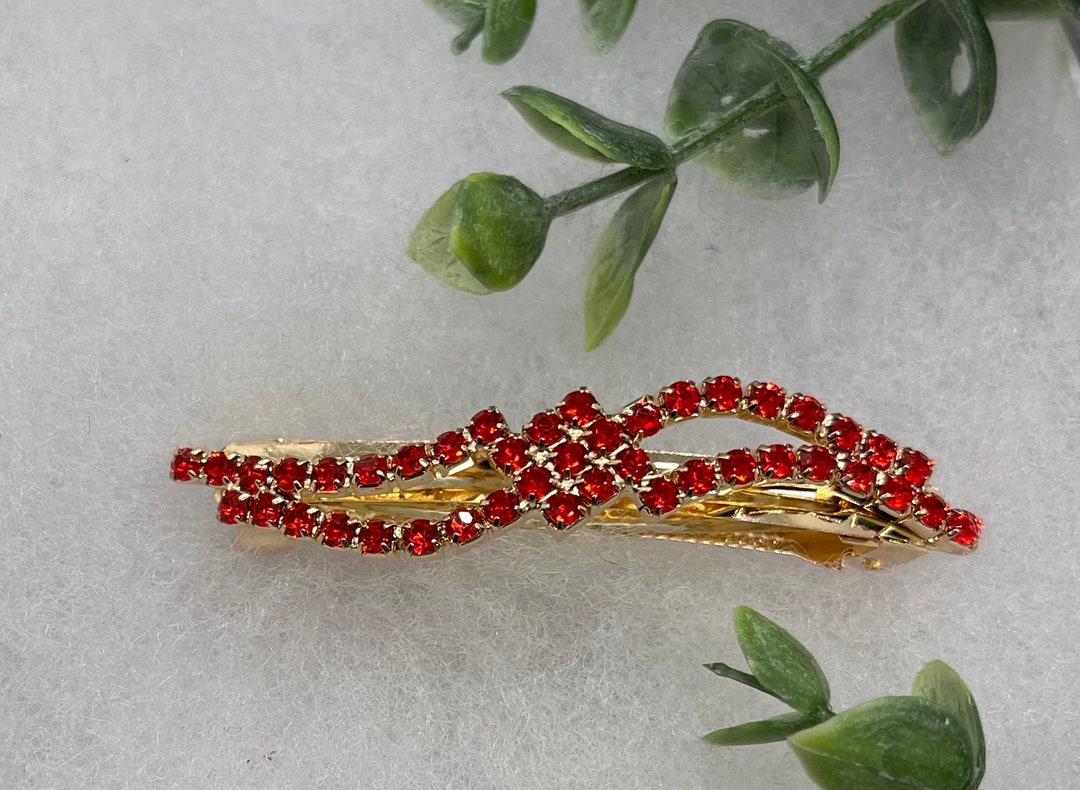 Ruby Red Crystal Rhinestone Barrette Approximately 3.0”gold Tone Formal ...