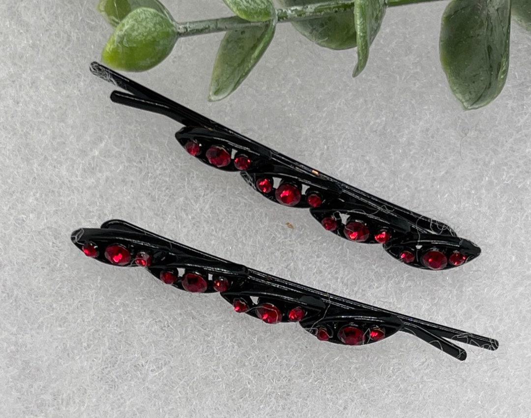 Ruby Red Crystal Rhinestone Approximately 2.5” Black Hair Pins 2 Pc Set ...