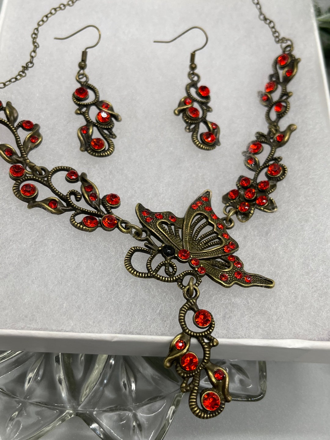Red Butterfly Bird Rhinestone Crystal Necklace Earrings Set Rhinestone ...