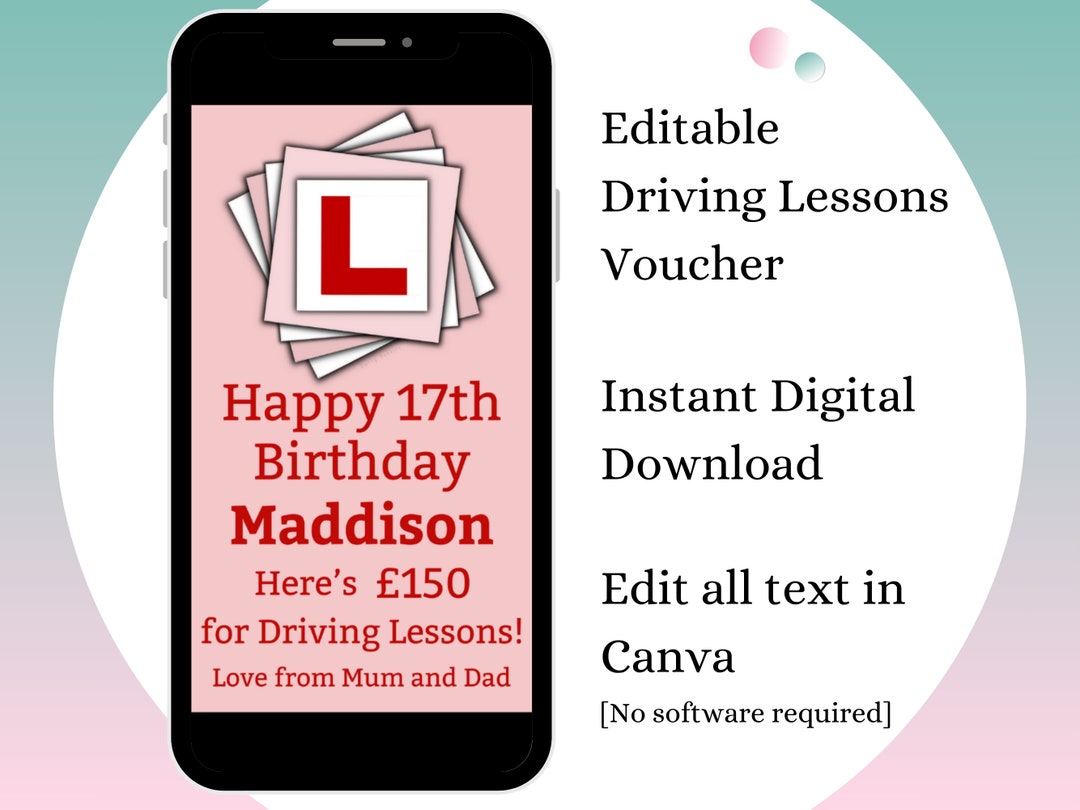 Driving Lesson Voucher, Digital Download Gift Voucher Template for ...