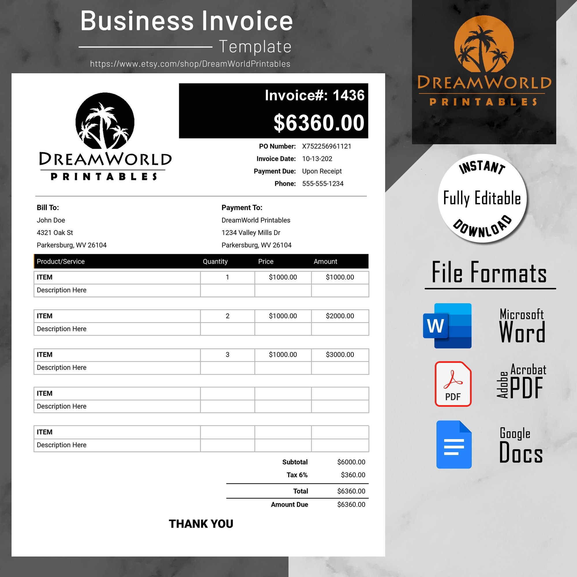 Editable PDF/ Word/ Google Docs/ Google Sheets Template, Simple Invoice ...