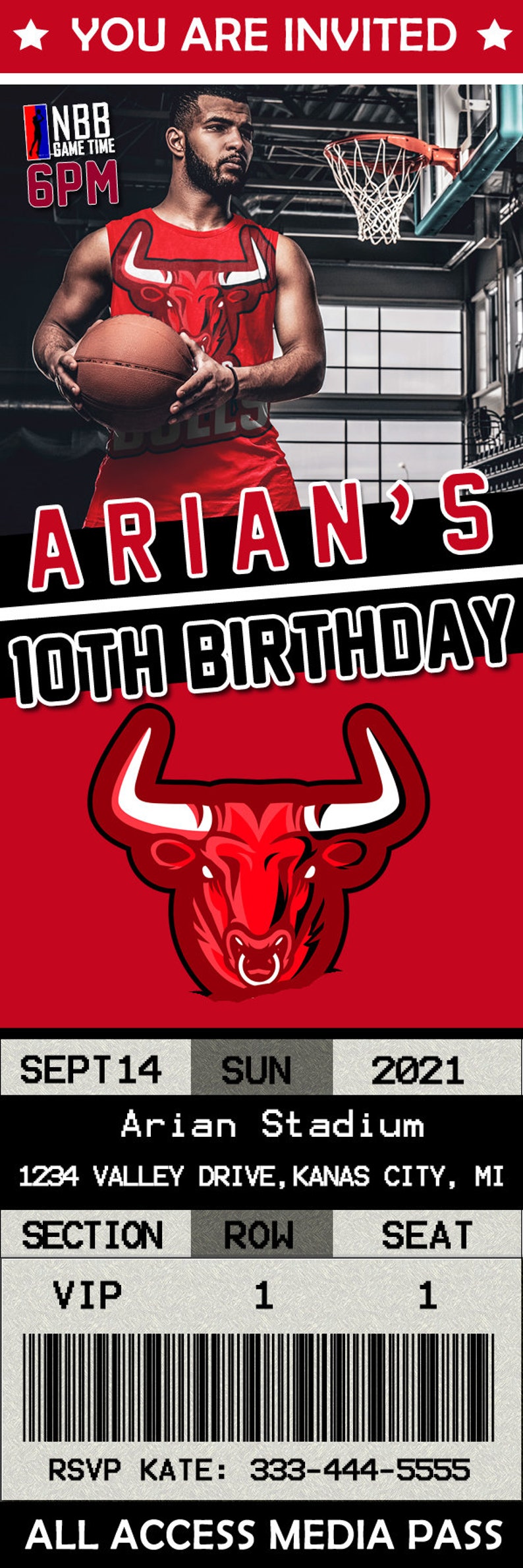 Basketball Ticket Invitation, Bball Invite, Sports Themed Ticket Invite ...