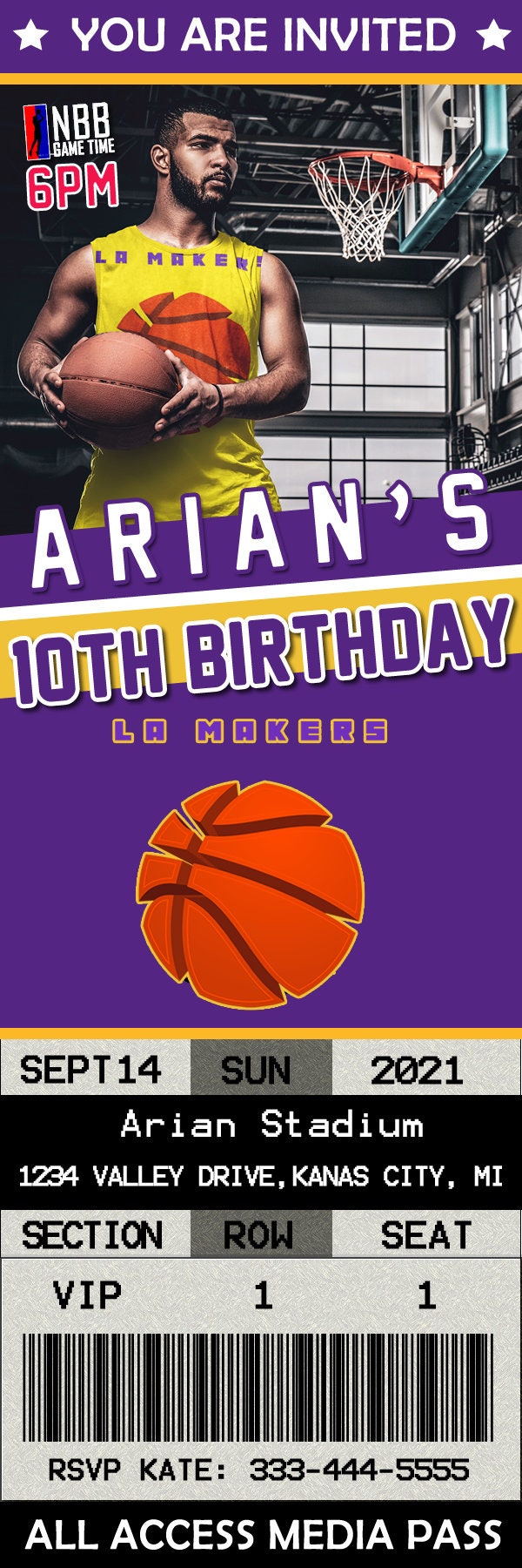 Basketball Ticket Invitation, Bball Invite, Sports Themed Ticket Invite ...