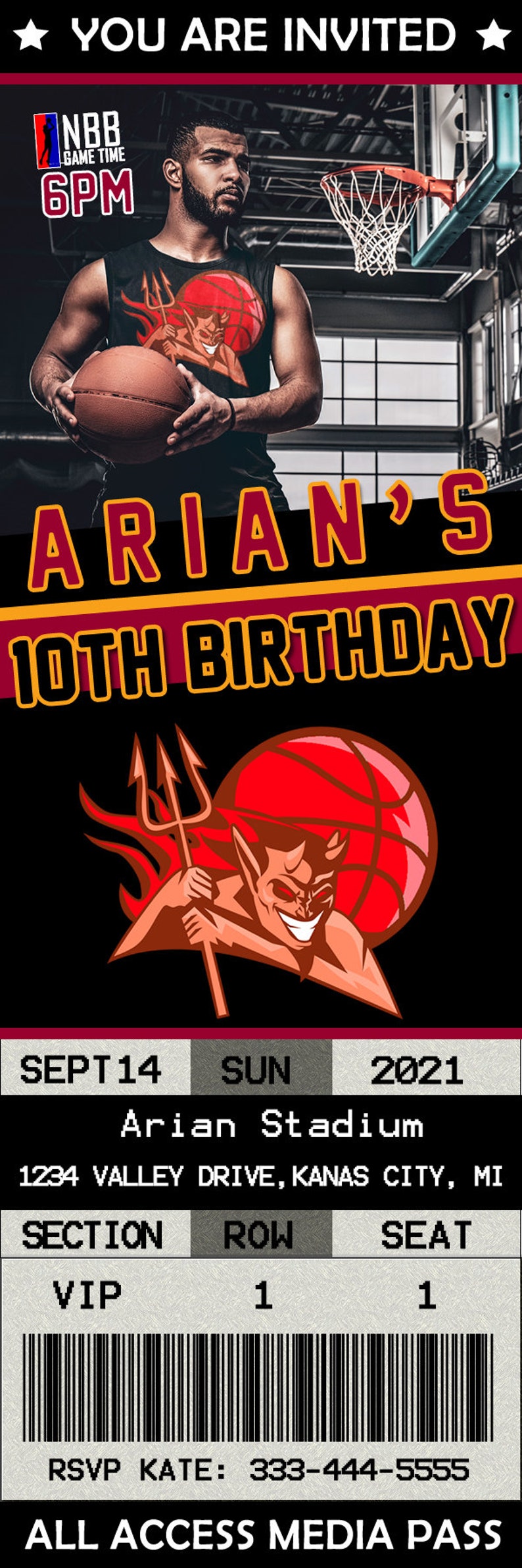 Basketball Ticket Invitation, Bball Invite, Sports Themed Ticket Invite ...