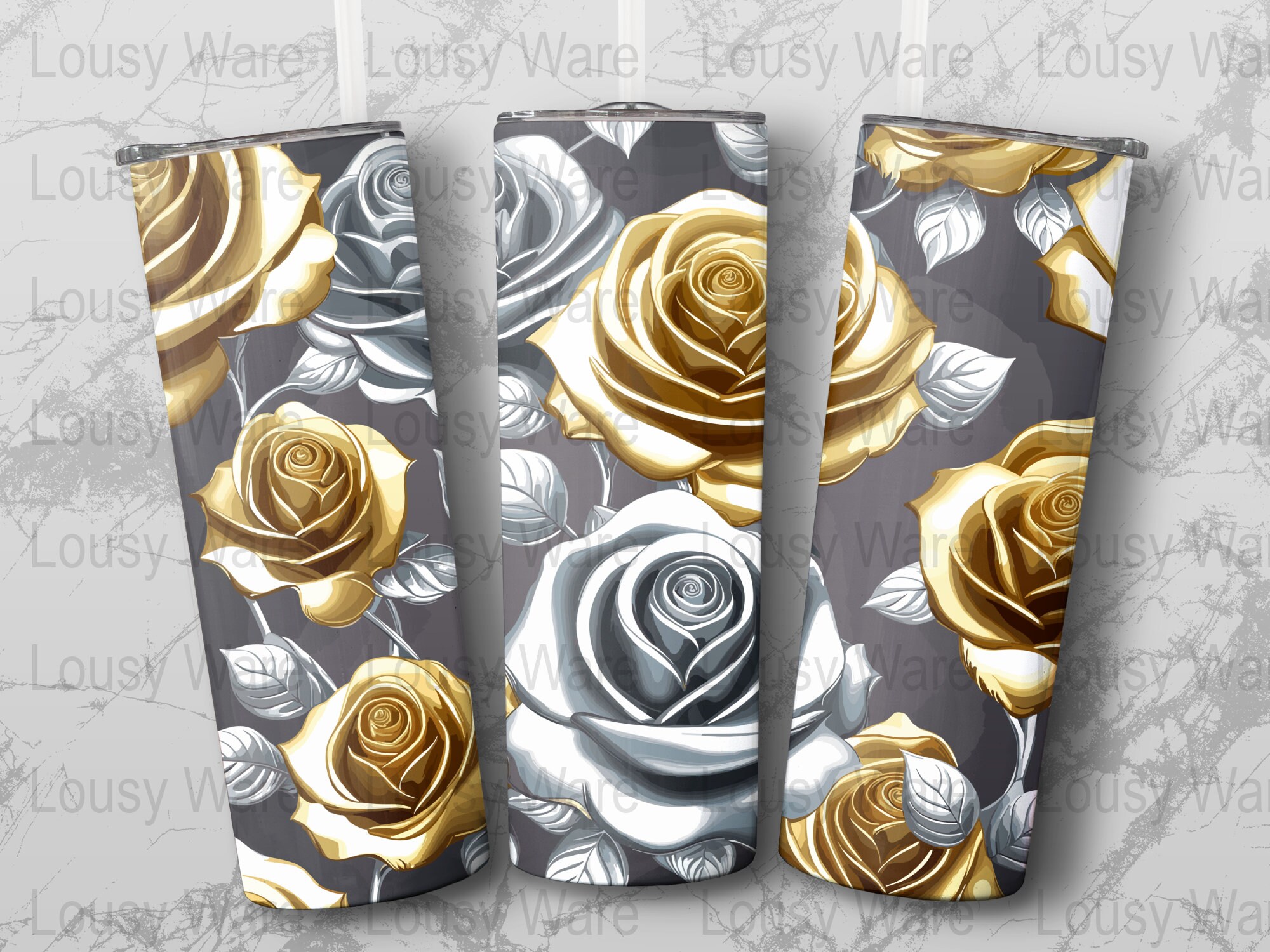 3D Golden Silver Rose Pattern 20 Oz Skinny Tumbler Sublimation Design ...