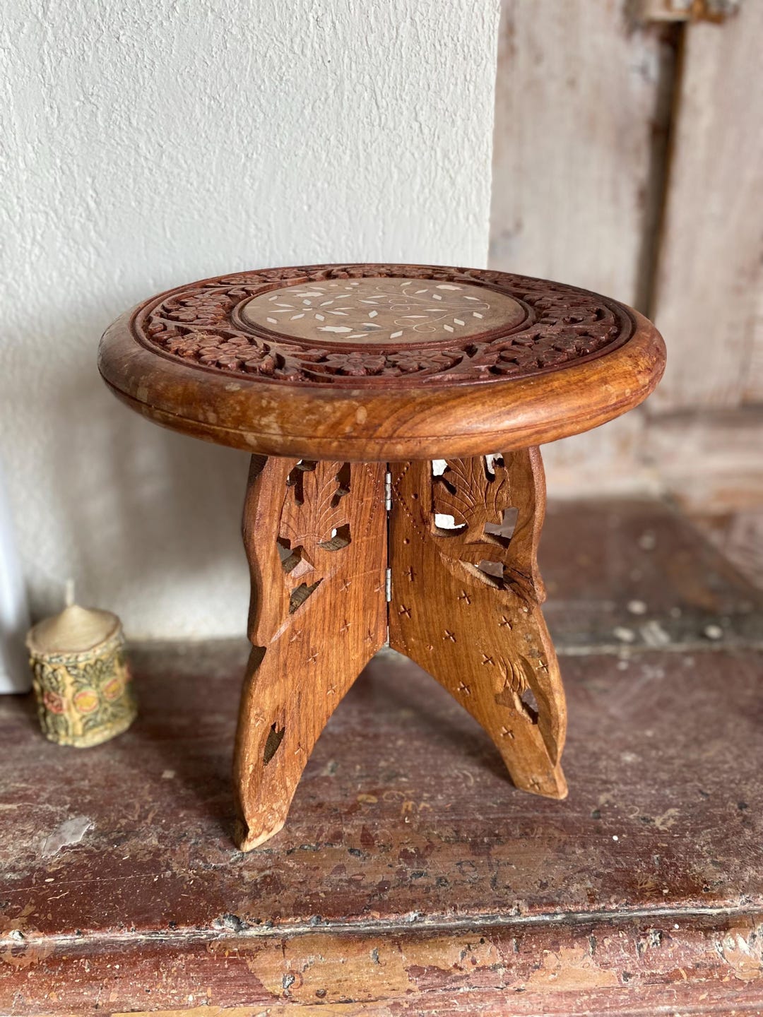 Vintage Turkish Stool/small Table. Folding, Hand Carved and Inlaid ...