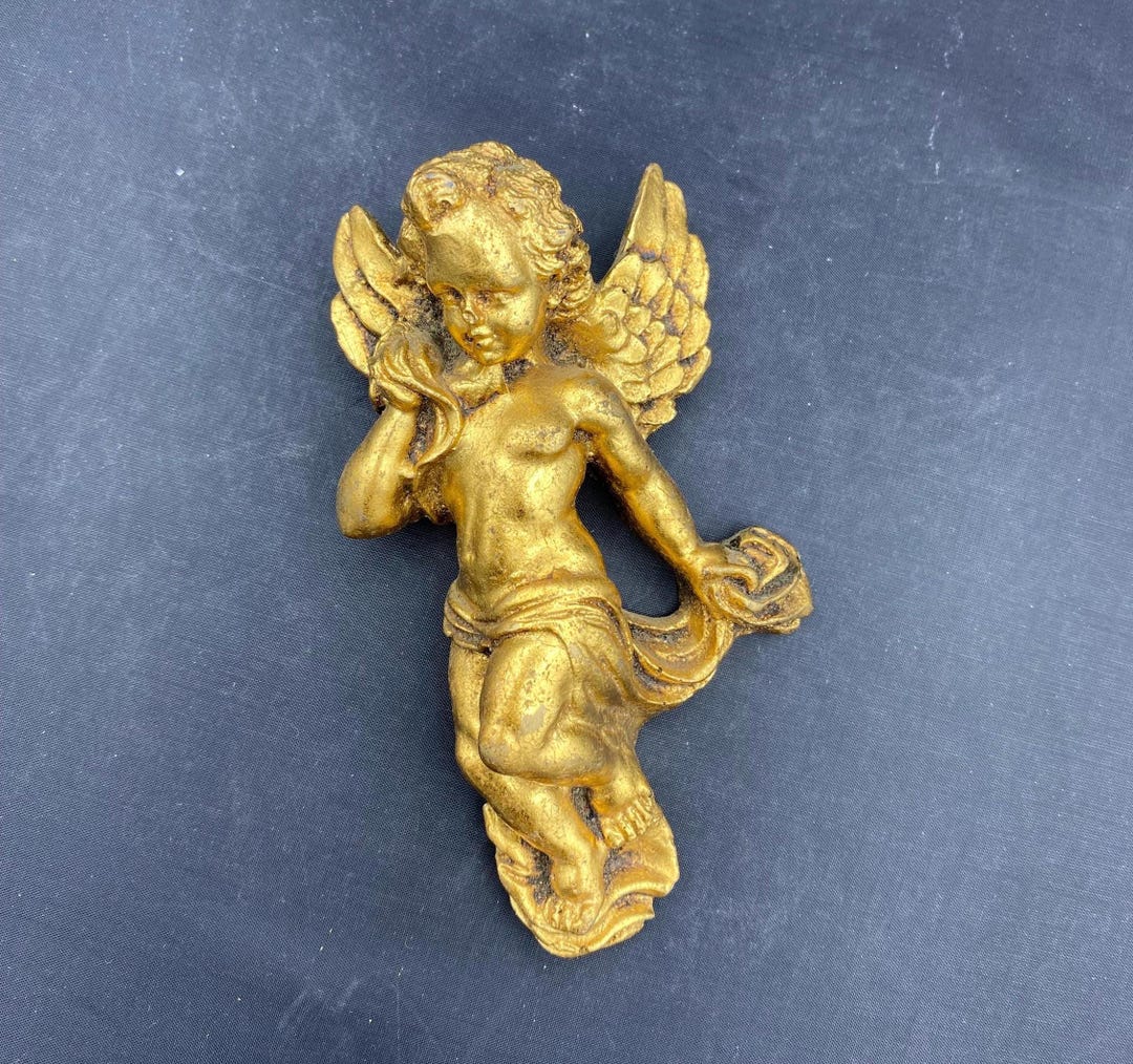 Vintage Gilded Cherub Angel. Antique Holy Water Font. Wall Decoration ...