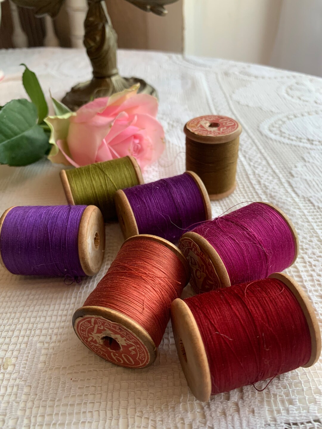 Vintage Set of Seven Small Wooden Spools With Threads in Different ...