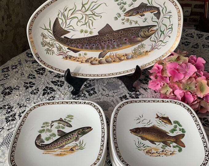10 Plates and Large Fish Dish in Longchamp Earthenware. Fisherman ...