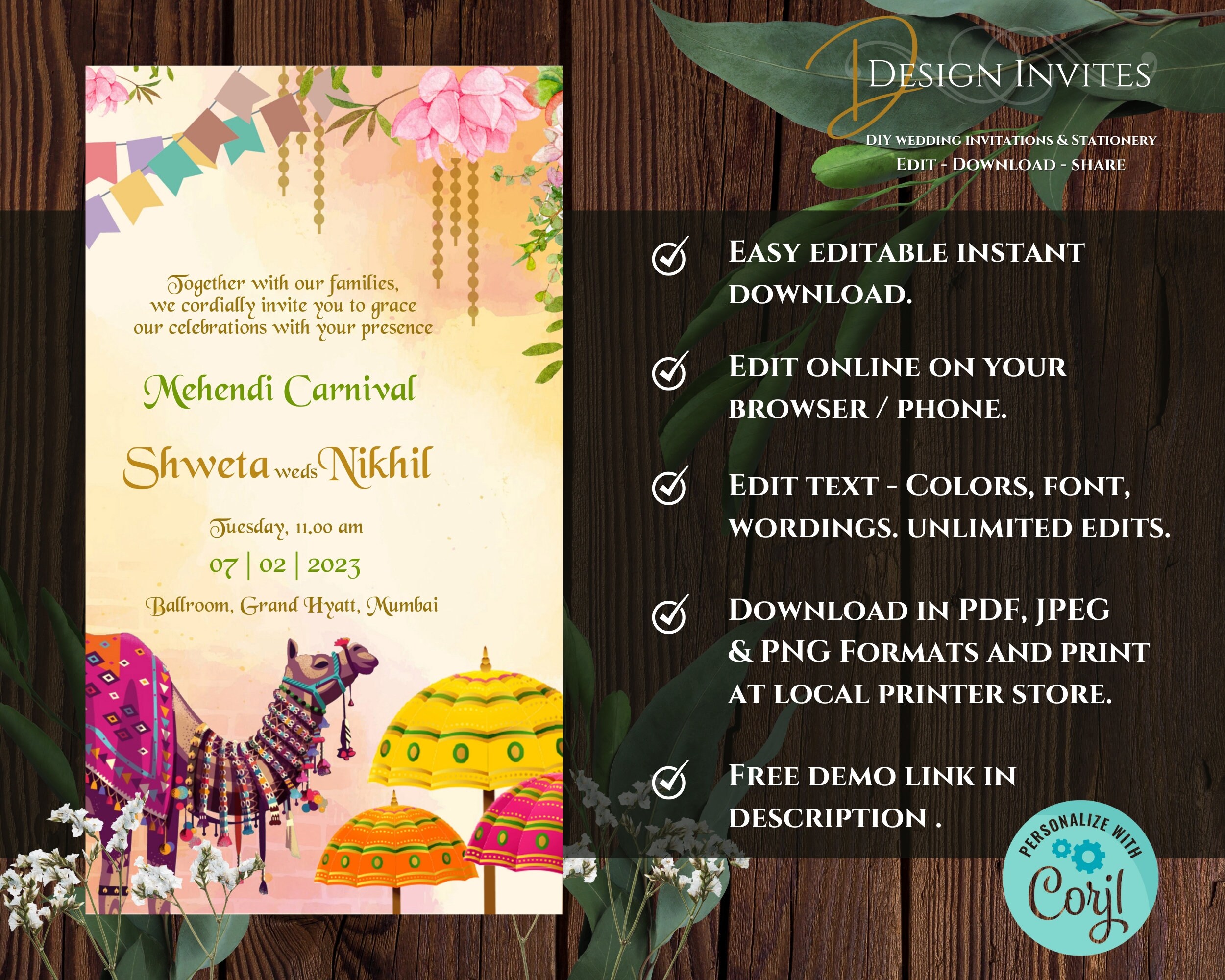 Carnival Theme Mehendi Invite With Decorated Camel, Colorful Umbrellas ...