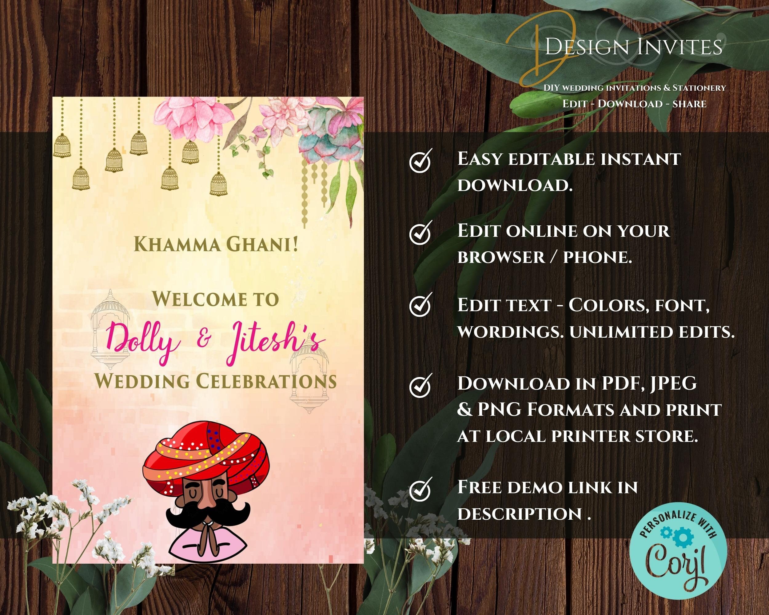 Khamma Ghani Rajasthani Theme Welcome Signage With Wedding Bells and ...