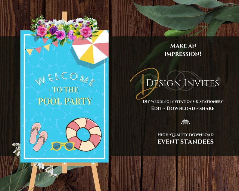 Pool Party Welcome Signage With Pool Slippers, Pool Ring, Sunglasses ...