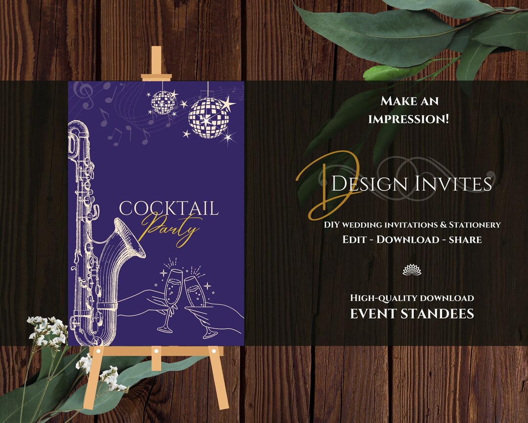 Navy Blue Cocktail Welcome Signage With Music Instrument, Music Notes ...
