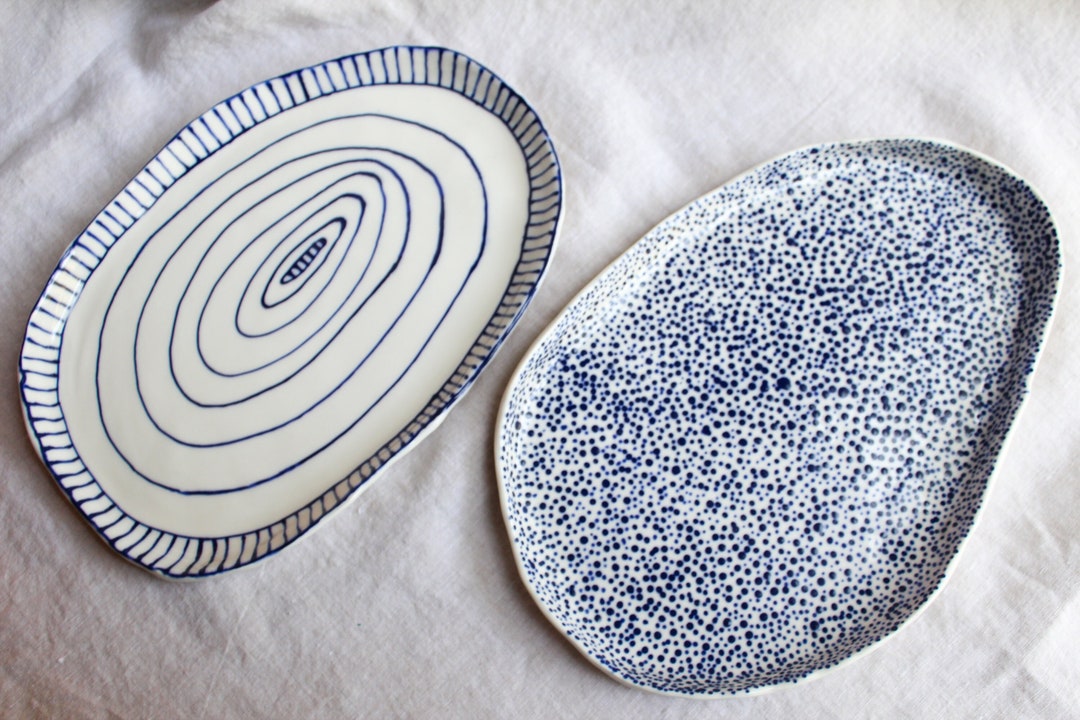 Handmade White Porcelain Plate, Blue Minimalist Design - Etsy