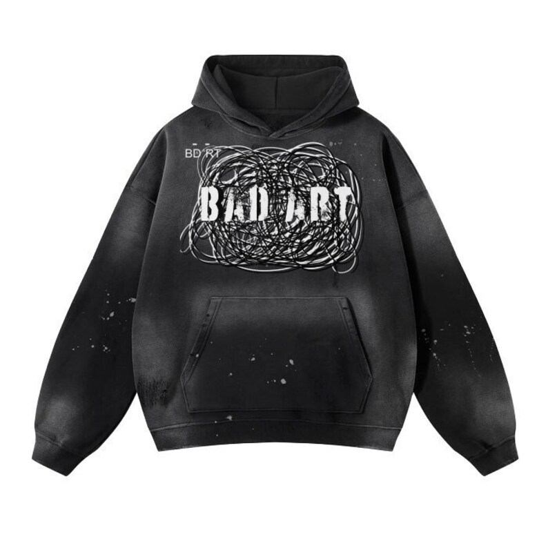 Vintage Wash Bad Art Scribble Frayed Hoodie Y2k Streetwear Sweatshirt ...