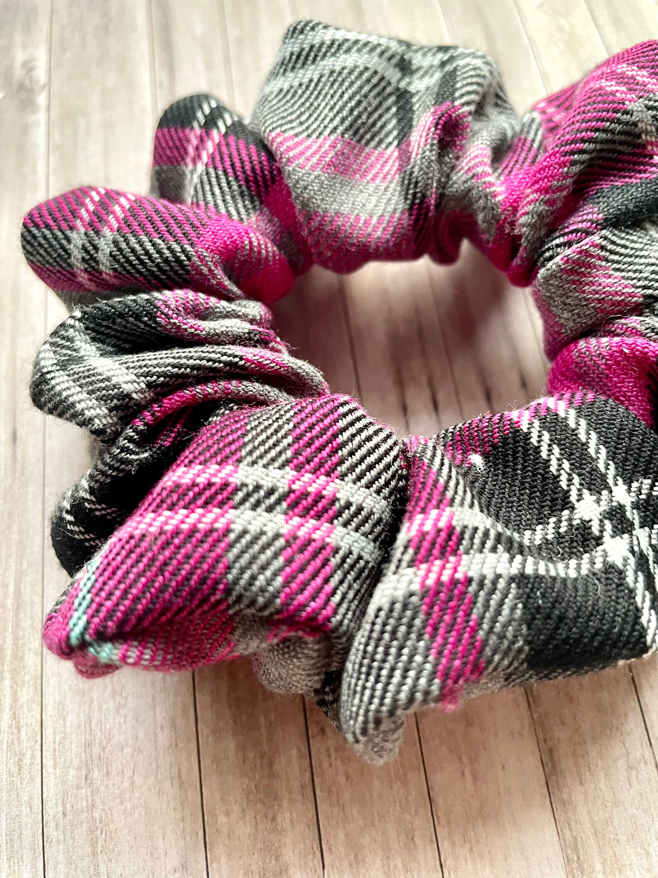 Pink & Grey Tartan Hair Scrunchie - Etsy UK