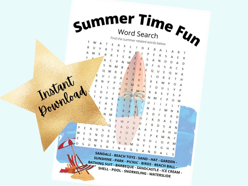 Summer Time Fun, Printable Worksheets, Summer Word Search, Instant ...