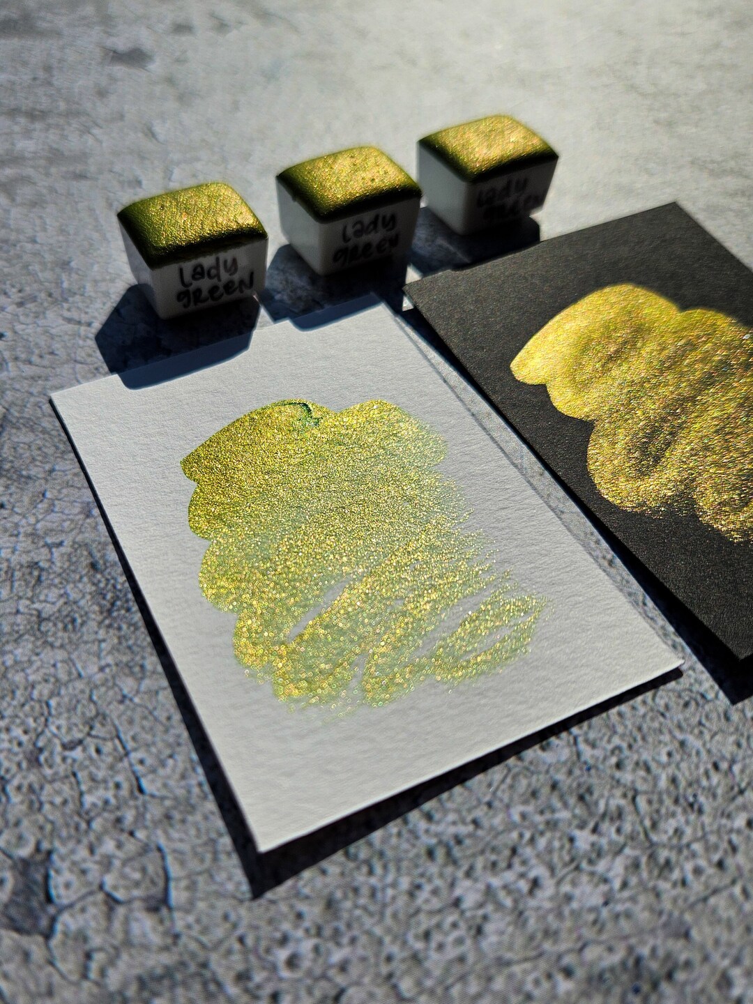 LADY GREEN Half Pan Duochrome Paint to Journaling, Shiny Watercolor for ...