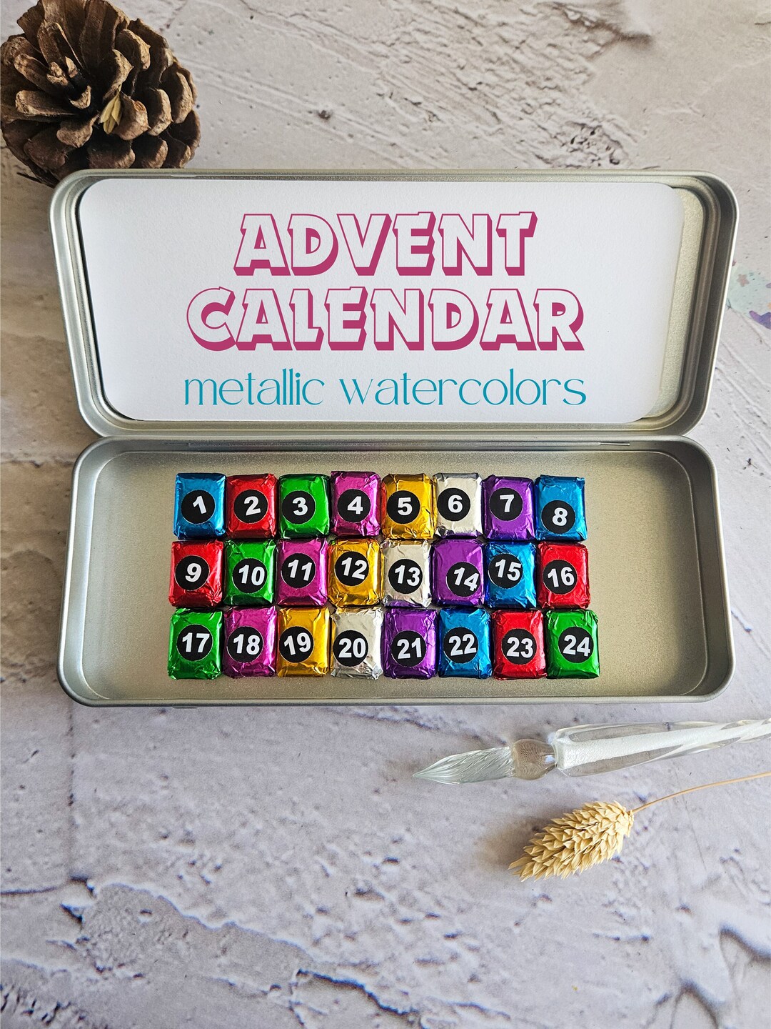 Advent Calendar 2024 With 24 QUARTER PANS Shine Watercolor, Stationery ...
