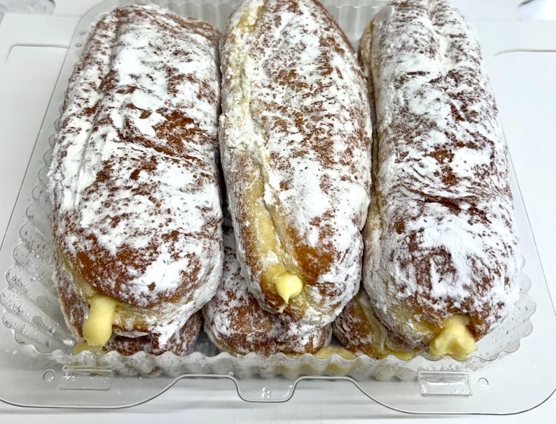 Donuts; LONG JOHNS, Custard Filled With Powdered Sugar, Homemade, Pack ...