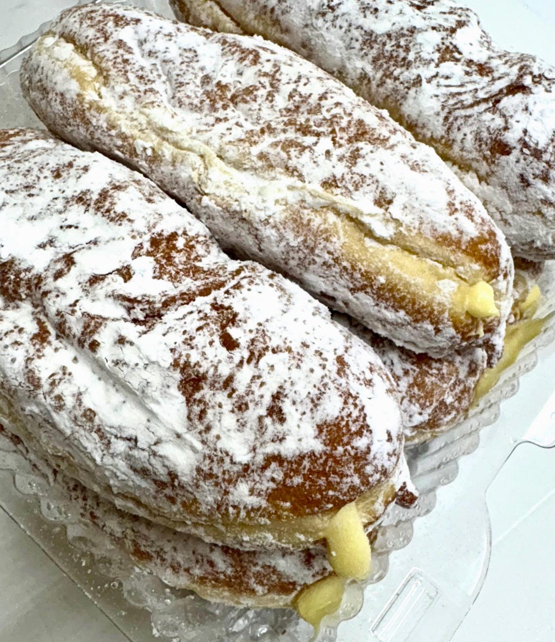 Donuts; LONG JOHNS, Custard Filled With Powdered Sugar, Homemade, Pack ...