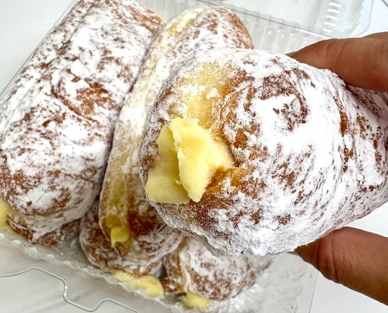 Donuts; LONG JOHNS, Custard Filled With Powdered Sugar, Homemade, Pack ...