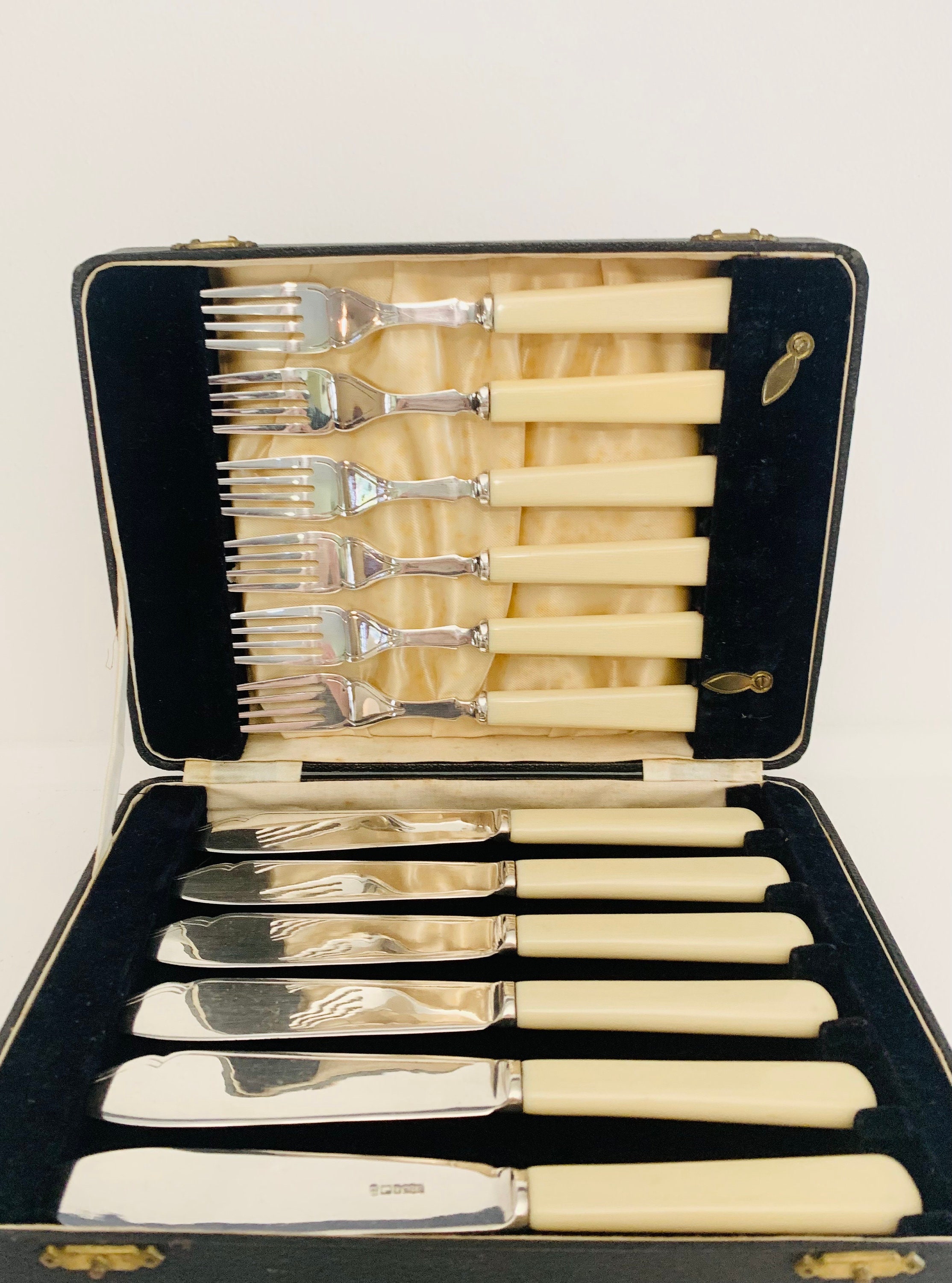 Faux Bone / Zylonite Handled, 12 Piece EPNS Fish Knives & Forks in ...