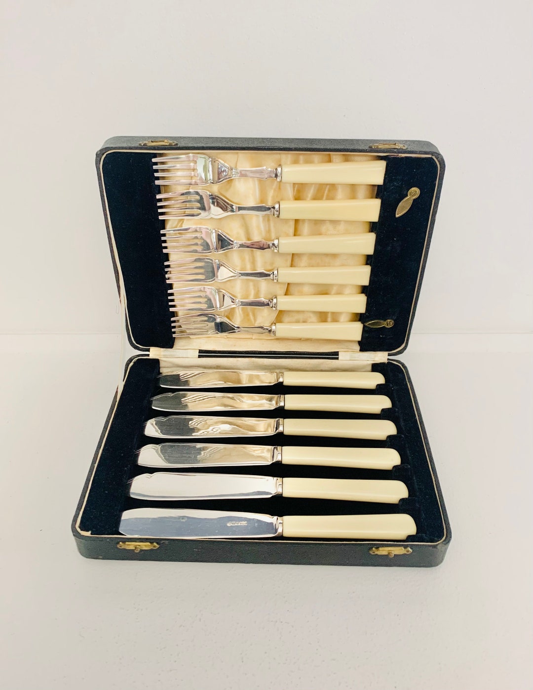 Faux Bone / Zylonite Handled, 12 Piece EPNS Fish Knives & Forks in ...