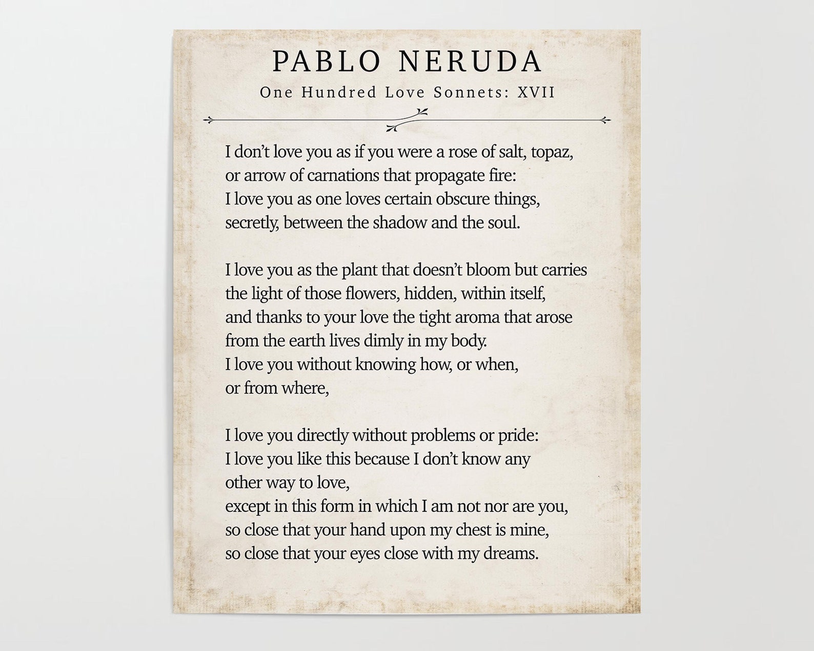 Pablo Neruda PRINTABLE Poem Quote Print. One Hundred Love - Etsy UK