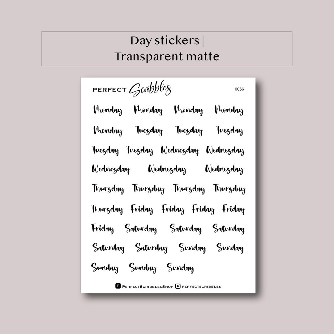 Weekdays Stickers Days of the Week Transparent Matte Stickers Hobonichi ...