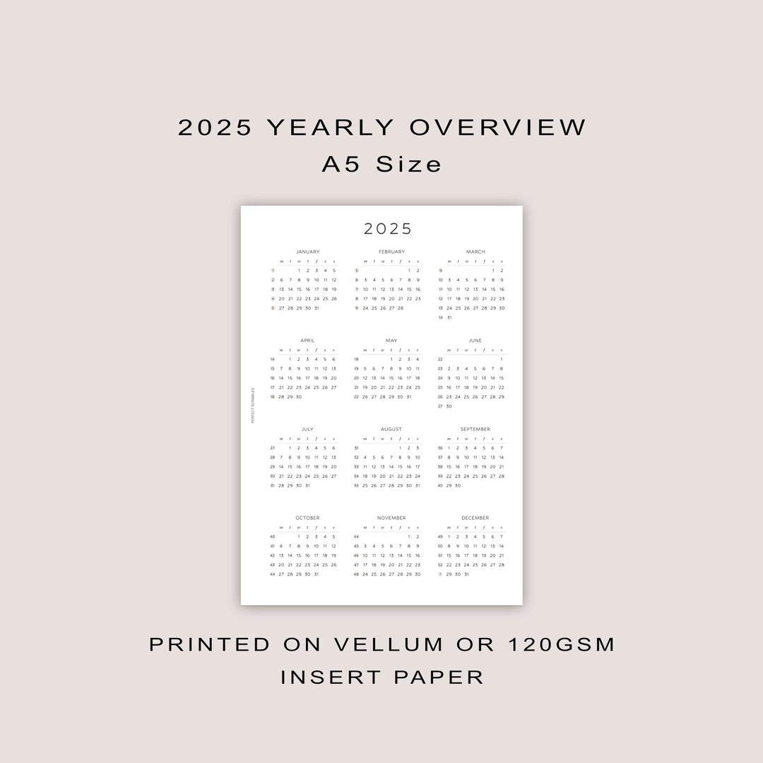 A5 2025 Yearly Overview Dashboard Printed on Vellum or Paper Planner ...