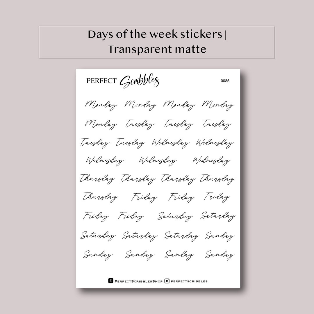 Weekdays Stickers Days of the Week Transparent Matte Stickers Hobonichi ...