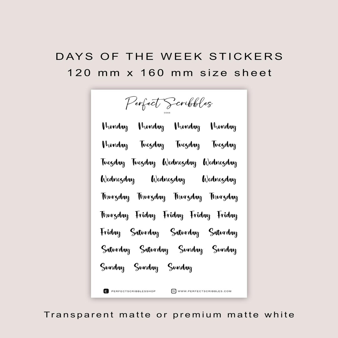 Weekdays Stickers Days of the Week Transparent Matte Stickers Hobonichi ...